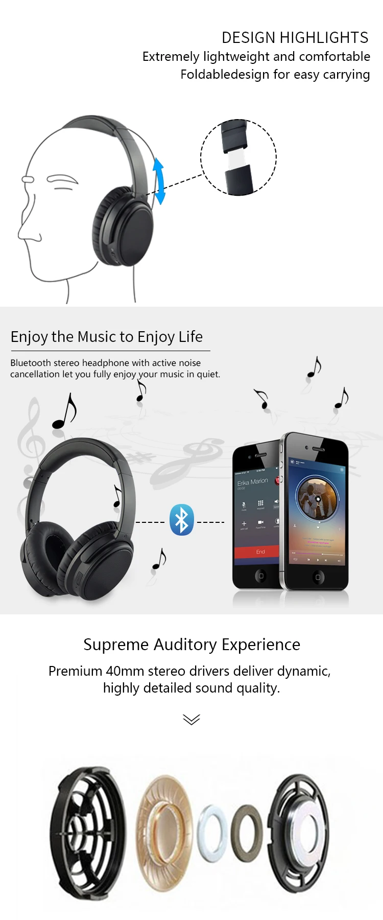 New Design Bluetooth Noise Cancelling Headphones Wireless Earphones ...