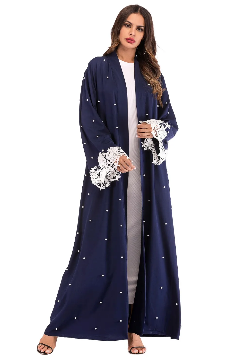 1637# Muslim White Floral Cuff Open Abaya Pearls Full Dresses Cardigan ...