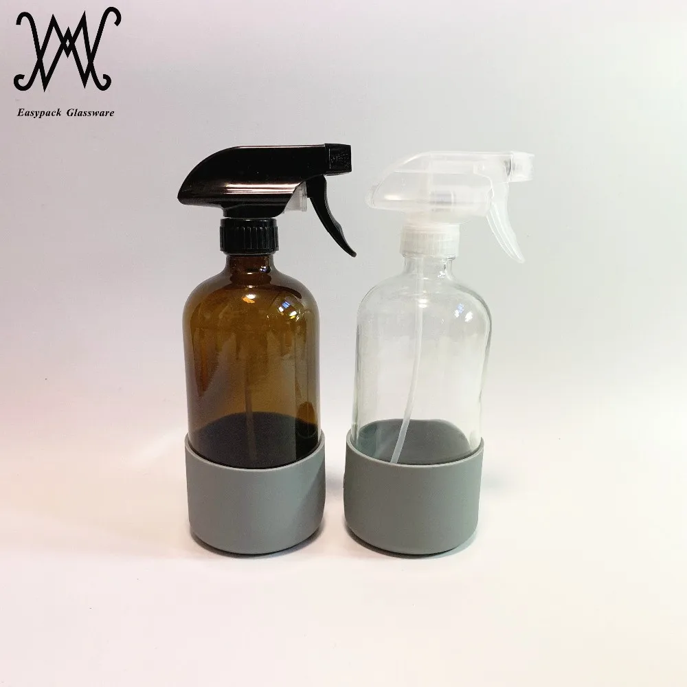 16oz Boston Round Spray Glass Bottle With Silicone Sleeve And Paper ...
