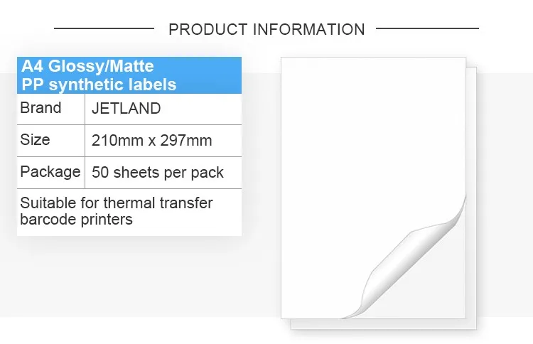 50 Waterproof Stickers - A4 Glossy PP Synthetic Paper Labels