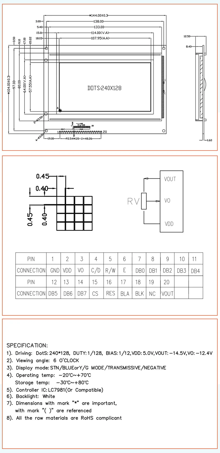 TCC LCD 240128 Graphic Display Screen Module with LED Backlight