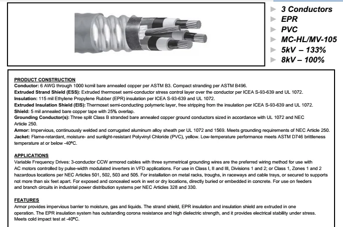 Cable Multiconductor Armado 1x3c #2/0 + 1x3c #6 Awg,Cobre Trenzado Clase B 90c Cts Pvc 600 V ...