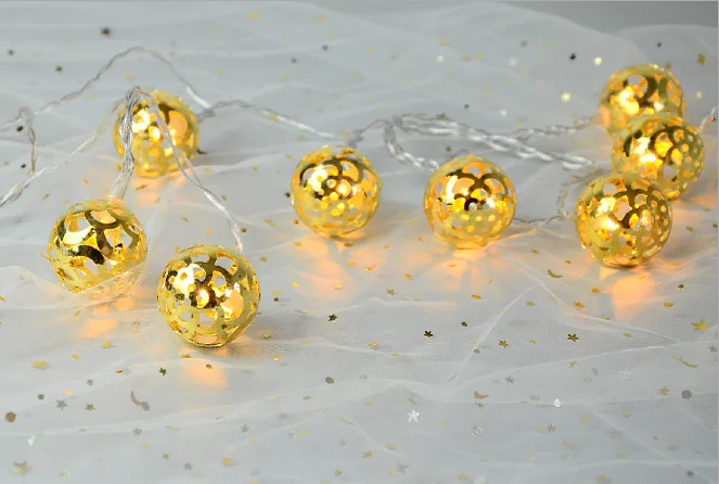 10 LED Gold Metal Moroccan Ball String Lights Battery Power Globe Light ...