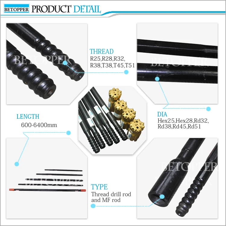 R32 T38 T45 T51 MF Steel Drill Rods - High Quality & Durability