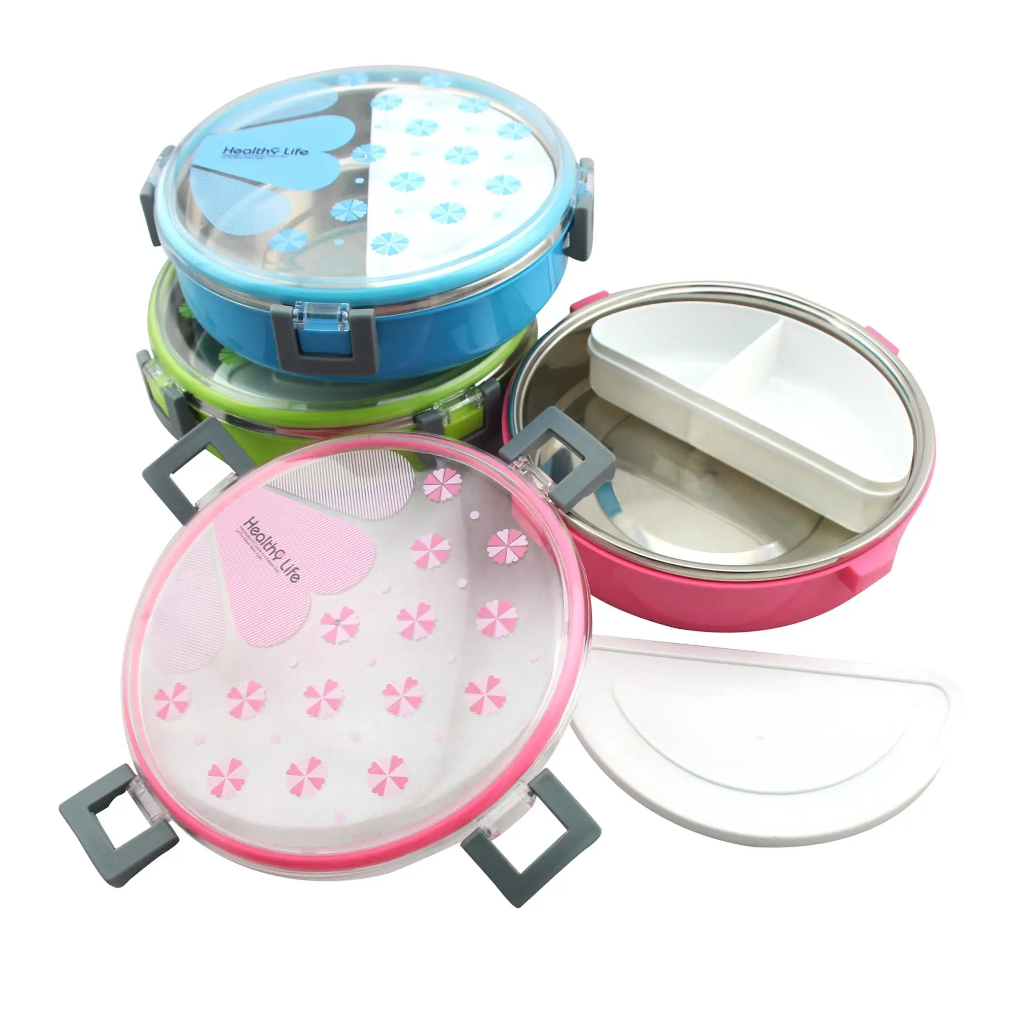 Round Tiffin Lunch Box Stainless Steel And Plastic Lunch Box Leakproof ...