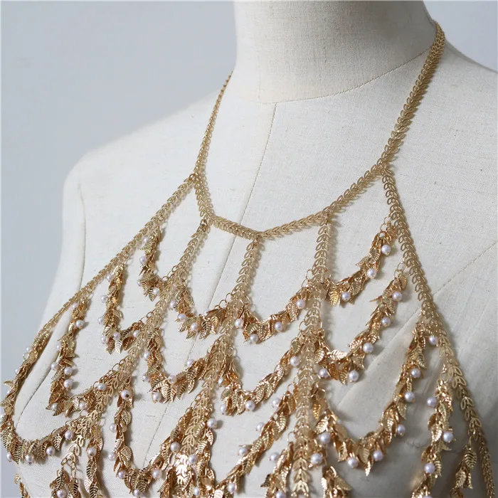 Leaf Pearl Chain Bra Gold Plating Harness Breast Belly Chain Body ...