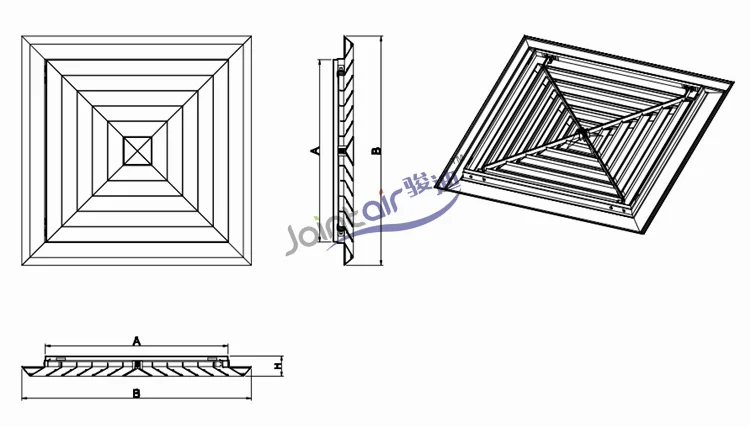 Hvac Aluminum Bevel Face 3-way Flow Square Ceiling Air Conditioning Directional Diffuser - Buy ...