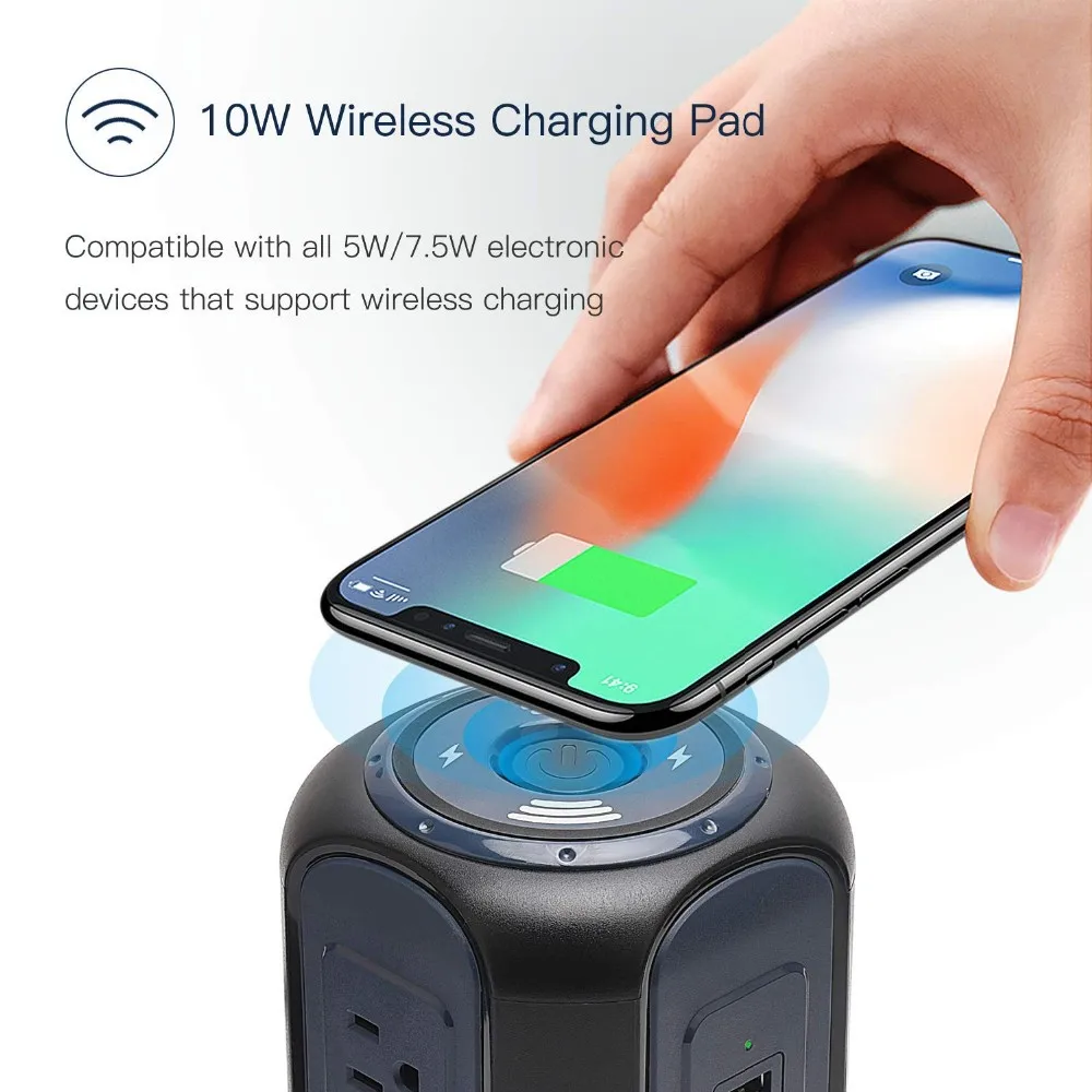 Wireless Power Strip Tower Socket Charging Station 9 Outlet Plugs 4 Usb ...