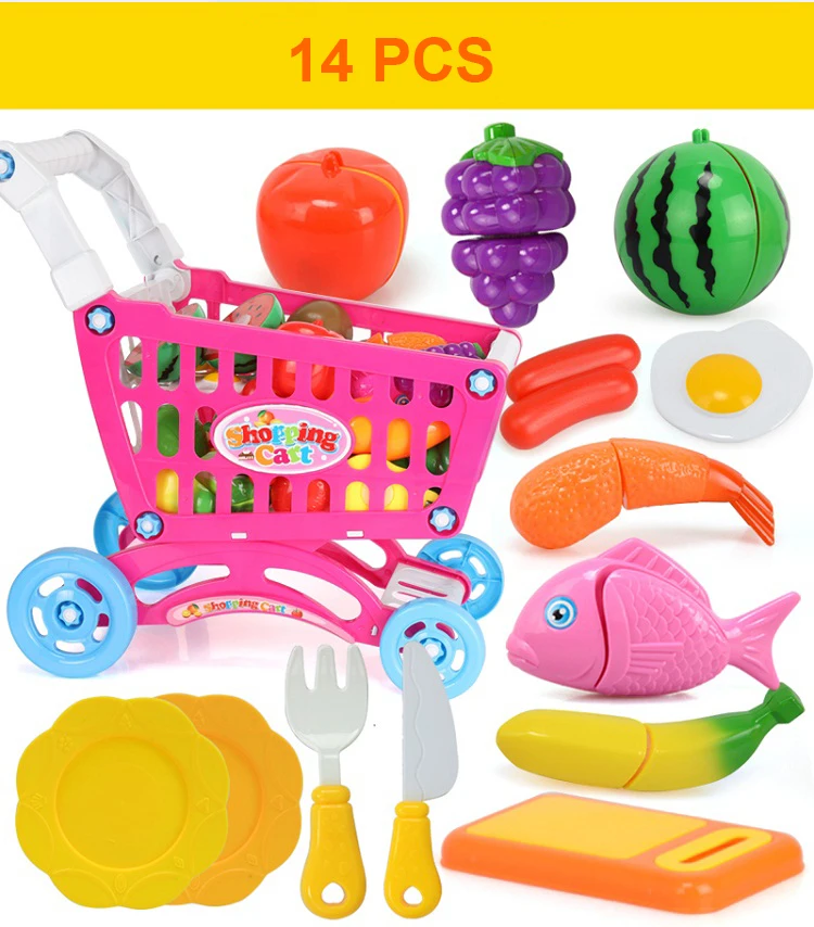 Kids Pretend Play Plastic Kitchen Food Set Trolley Basket
