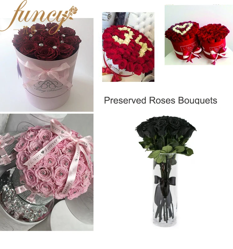 Funcyflora Factory Customized 50 Colors PVC Box Preserved Roses with Stem