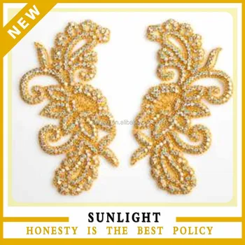 Mirror Pair Beaded Sequin Applique Patch In Gold Rhinestone Applique ...