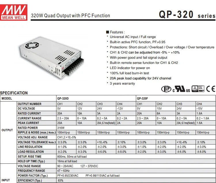 Mean Well QP-320D 320W Quad Output Power Supply with PFC Function Power Supply 320w Switch Power ...