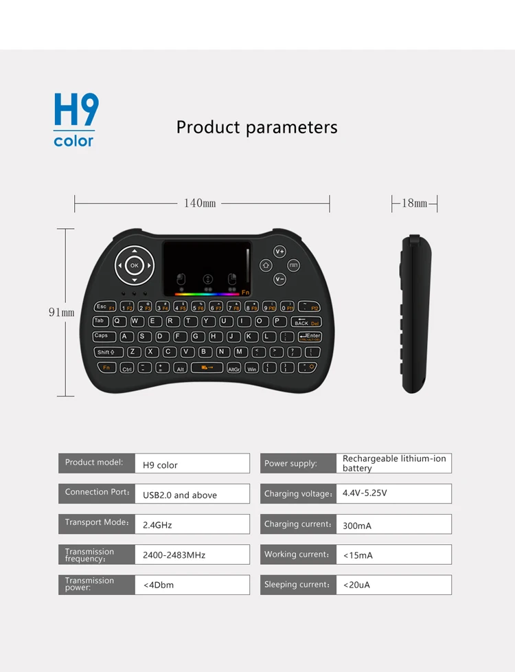 2.4ghz Mini Keyboard BT ROHS H9 Smart Keyboard with Touchpad