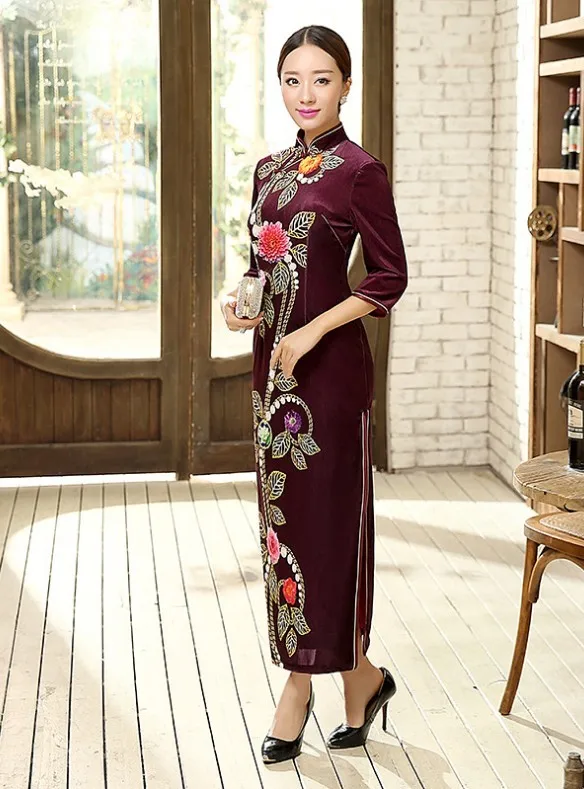 sexy side slit velvet chinese qipao dress long sleeve cheongsam ...