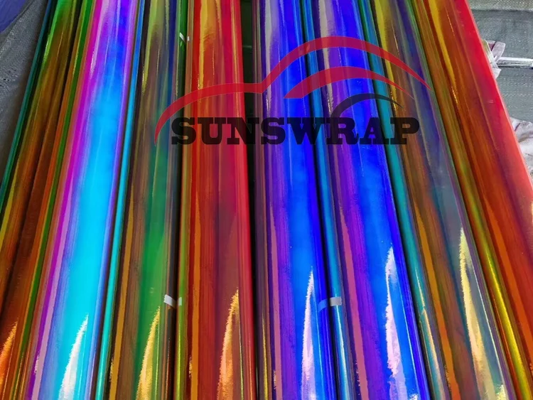 Green / Gold Neo Mirror Chrome Vinyl Wrap Holographic Rainbow Laser ...