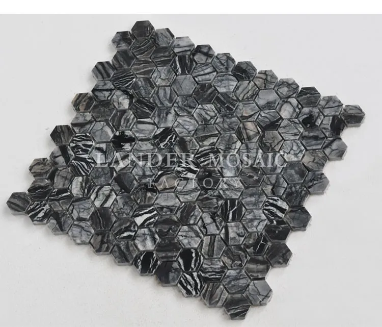 Lander Stone Dark Grey Hexagon Marble Mosaic Tile Polished