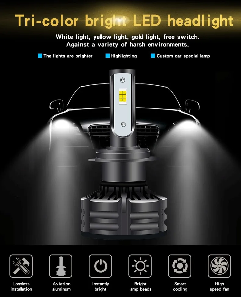 Adt Three Color 3000k 4300k 6000k Yellow White T6 Led Headlight H4 H7 ...