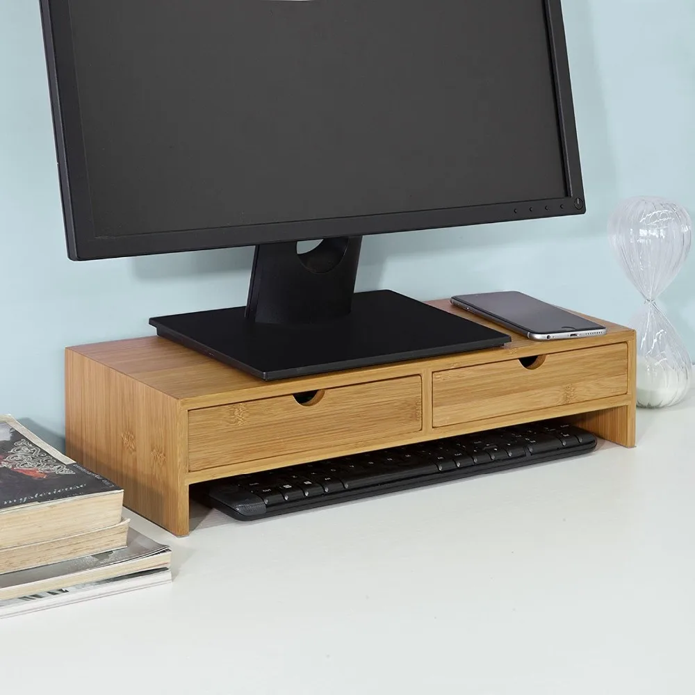 Bamboo Monitor Stand Riser with 2 Drawer Organizer