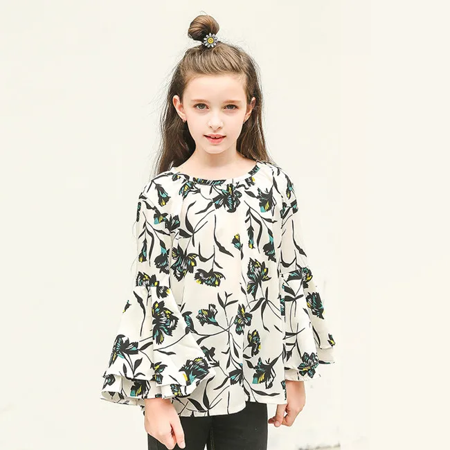 Kids & Teenager Girls Clothes Flower Print Big Flare Long Sleeve Spring ...