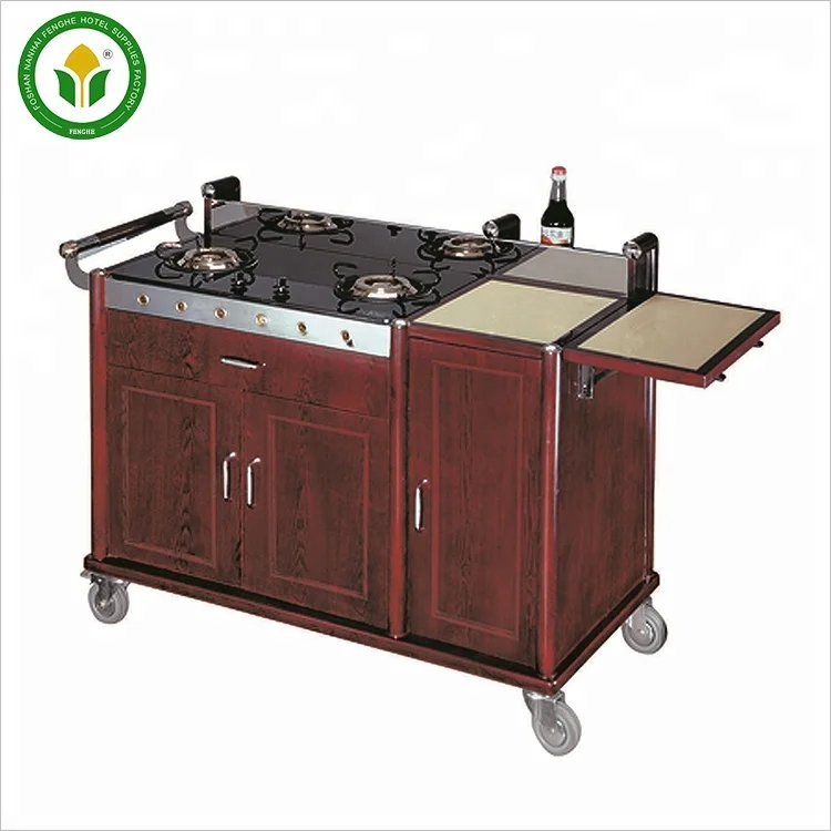 Hotel Wooden Four Wheels 3 Drawers Food Serving Cart Flambe Trolley For ...