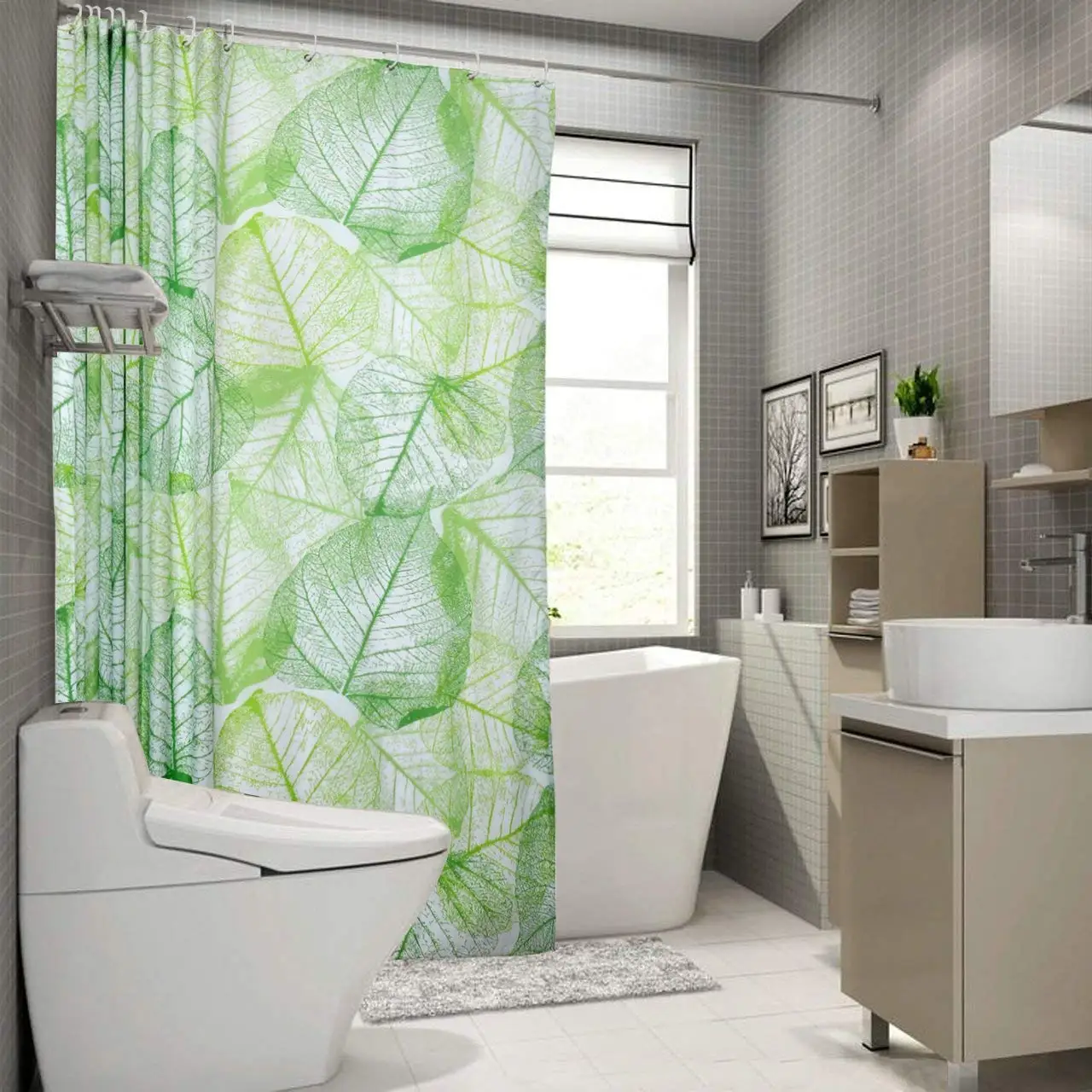 Ready Made Flash Green Leaf Shower Curtain Design Waterproof Shower ...