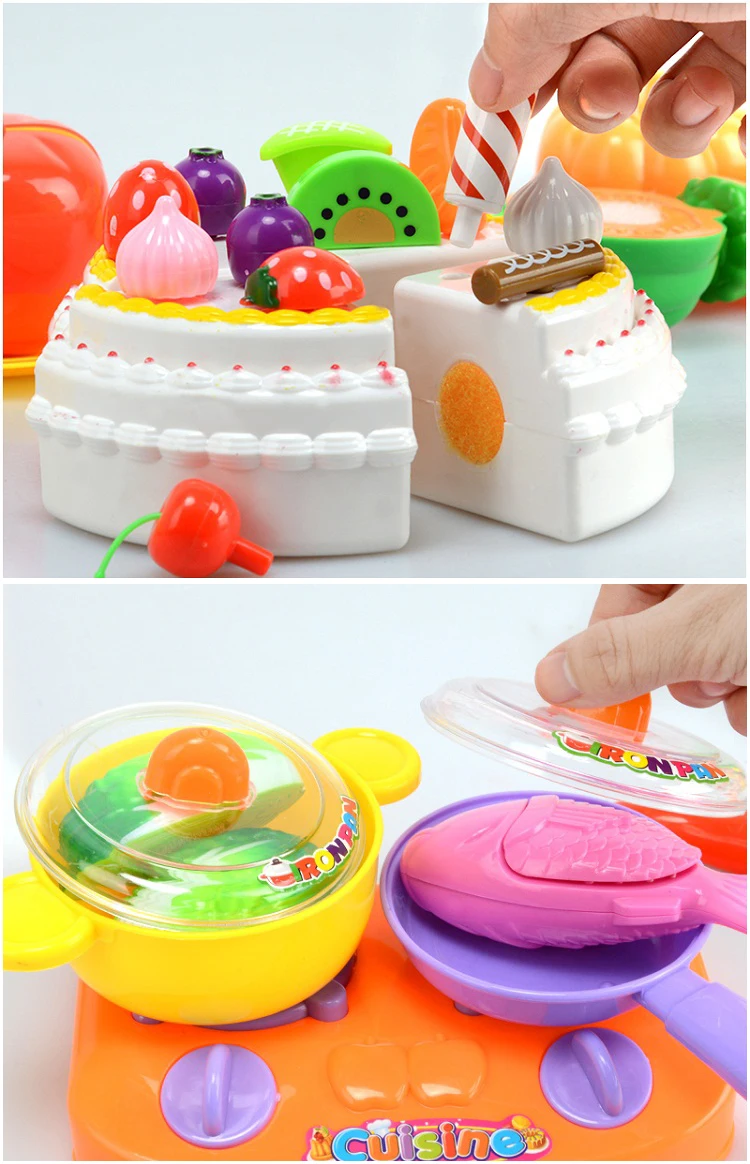 Kids Pretend Play Plastic Kitchen Food Set Trolley Basket