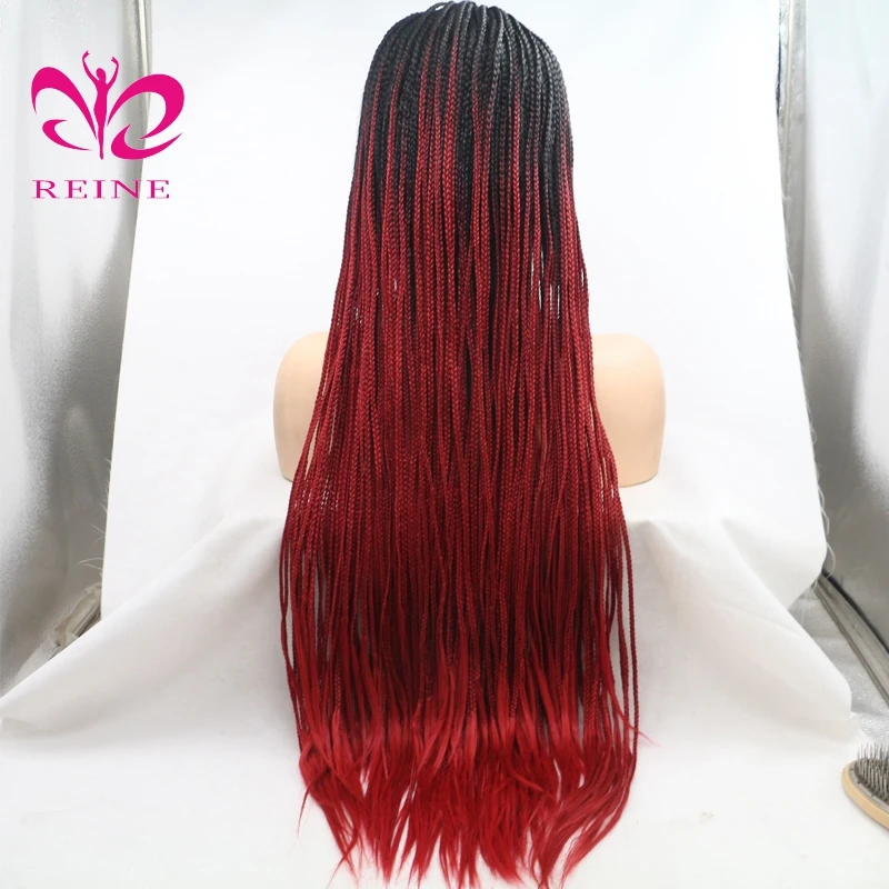 African American Full Box Braided Ombre Synthetic Lace Front Wig 1b Red ...
