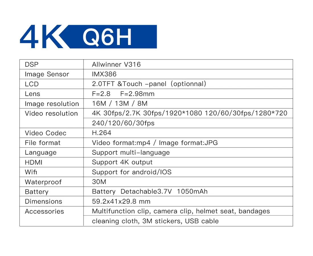 HDKing Q6H Allwinner real 4K sports action camera with 2.0" LTPS LCD screen