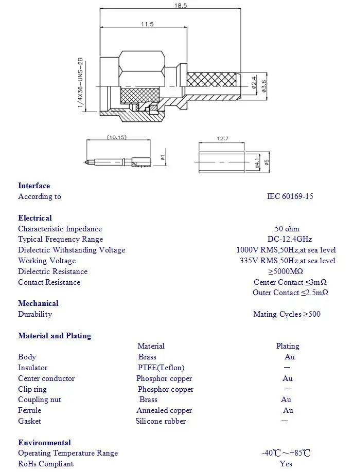 RF Coaxial SMA Male Plug Crimp Connector for Leoni Dacar 302 Cable