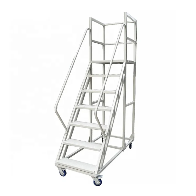 Warehouse Steel Safety Mobile Rolling Platform Ladder With Handrails ...