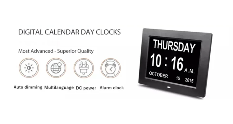 12 Inch LCD Calendar Day Digital Dementia Clock with 5 Alarm Options