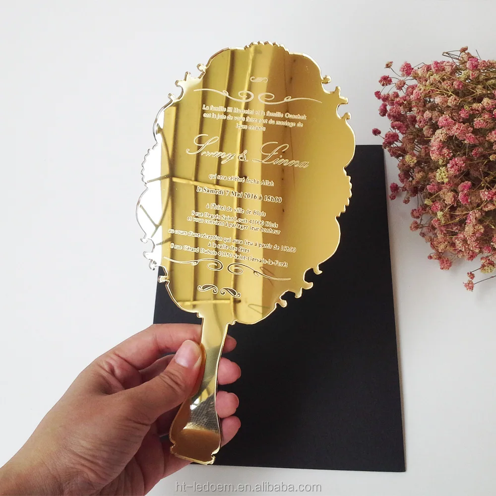 Acrylic Wedding Invitation Card - Laser Engraved Golden Mirror