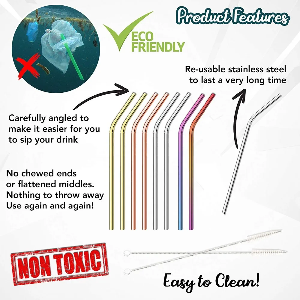 10 Pack - Stainless Steel Coloured Reusable Straws - Includes 2 Long ...