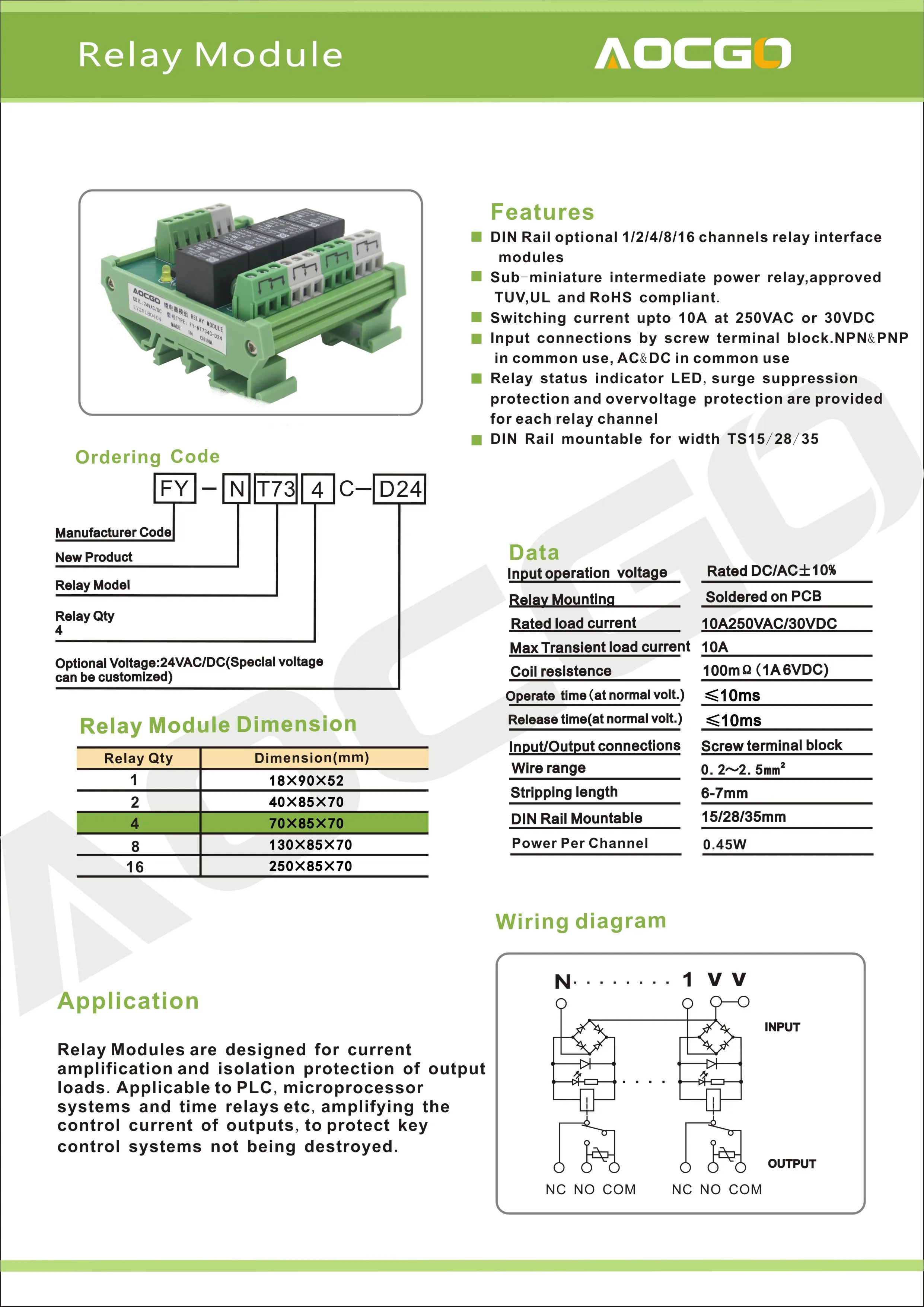 4 Channel 10A 250VAC/30VDC DIN Rail Mount Relay Module