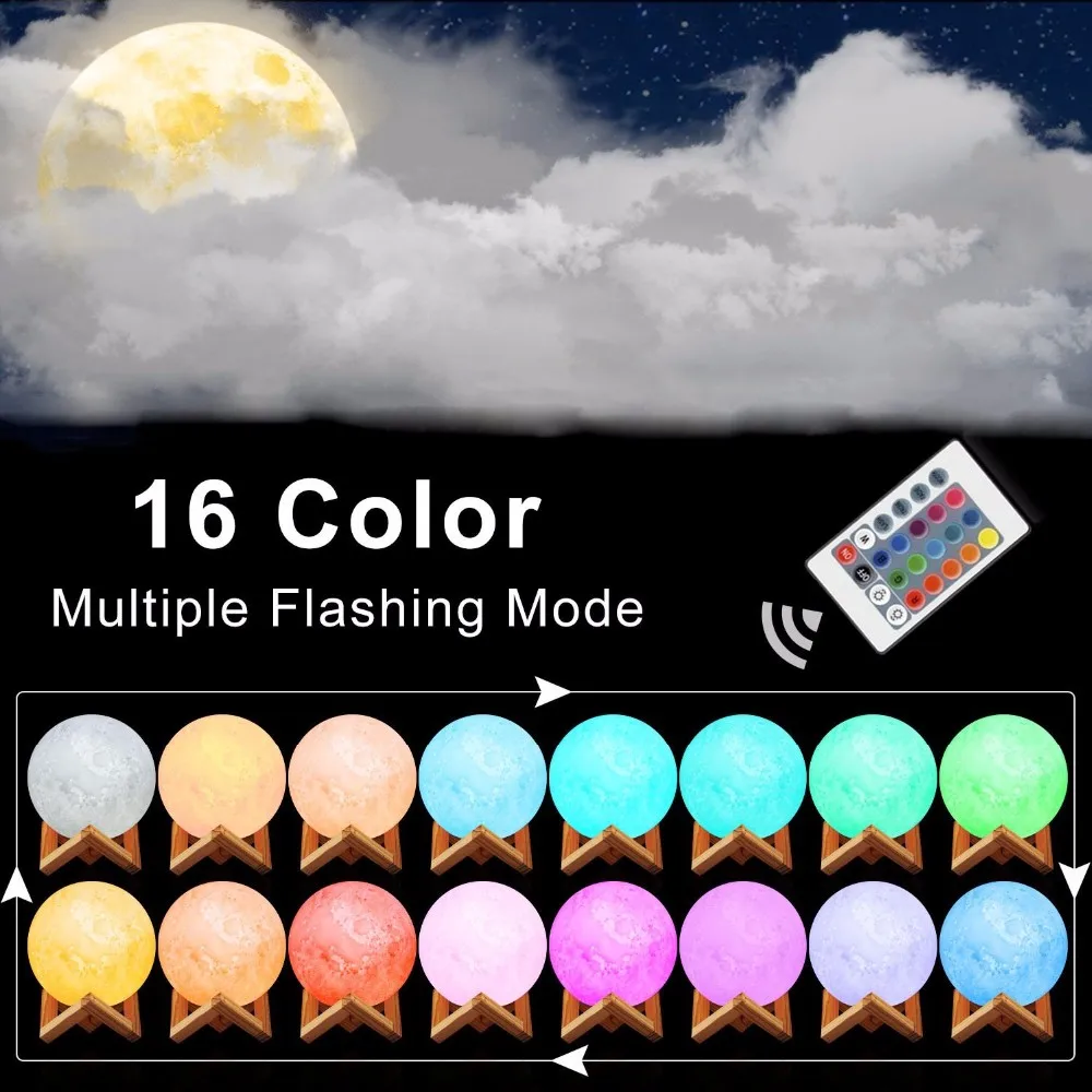 16 Colors Rgb Luna Night Light Remote Control Rechargeable 3d Printing ...