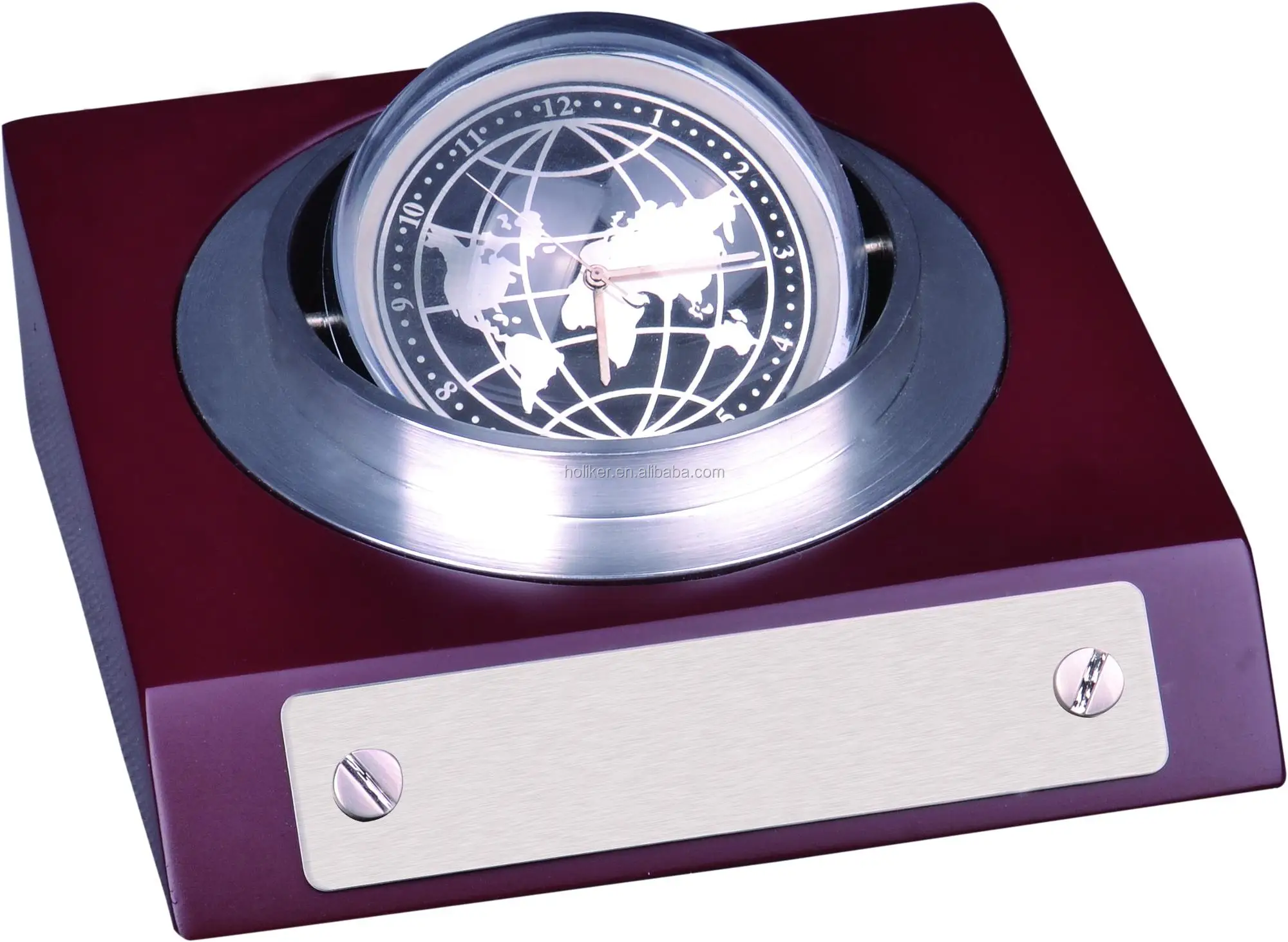 Customize Logo World Map Rotate Glass Balls Office Wooden Desk Clock ...