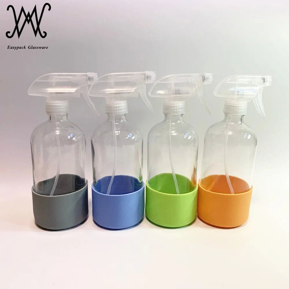 16oz Boston Round Spray Glass Bottle With Silicone Sleeve And Paper ...