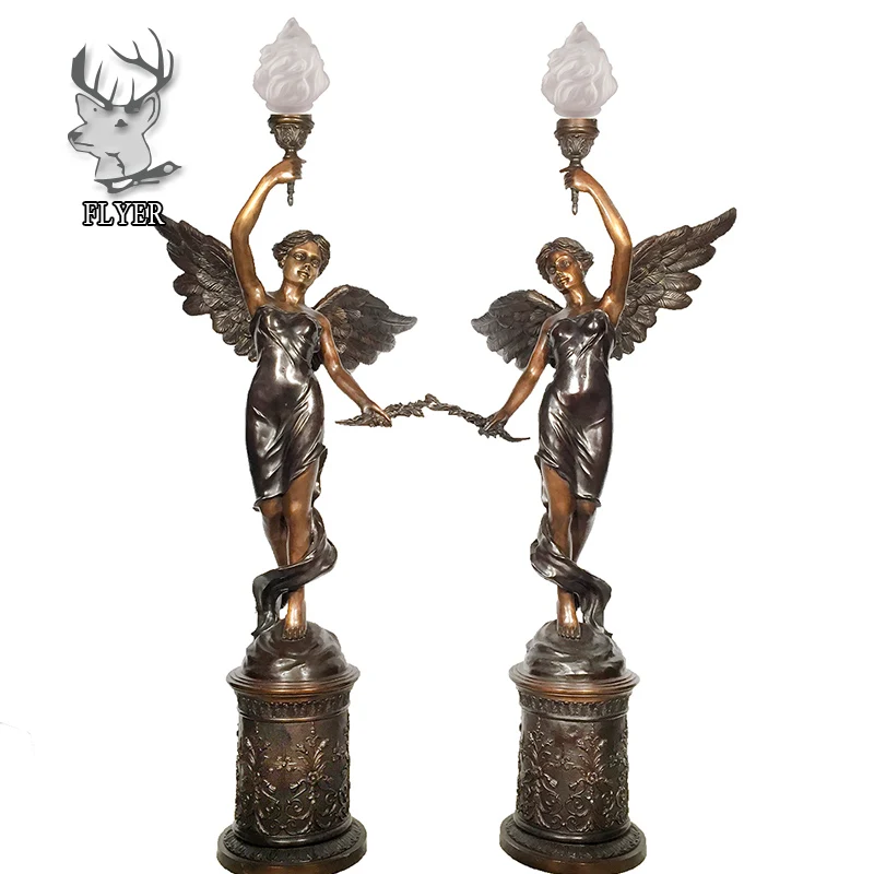 Home Decoration Life Size Bronze Angel Statue Holding Lamps Sculpture ...