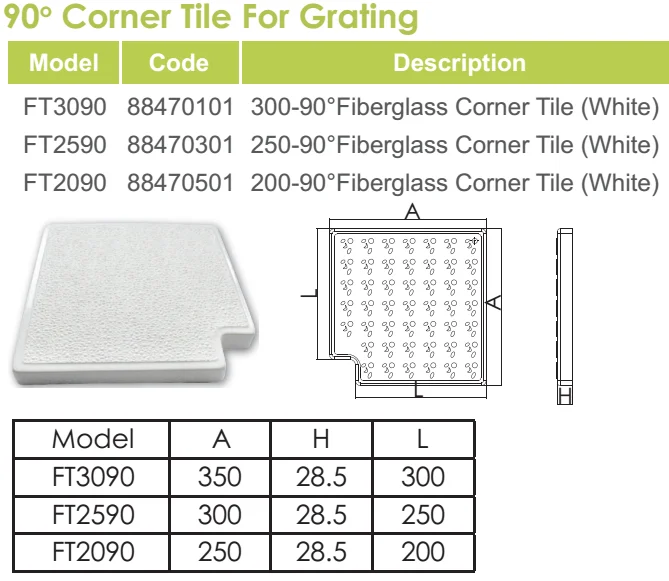 Pool Gutter Grating Corner Tile - White, 28.5mm Thick