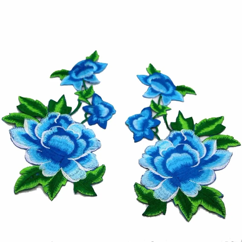 1 Pair Pink Red Blue Flowers Embroidered Patches for Clothes