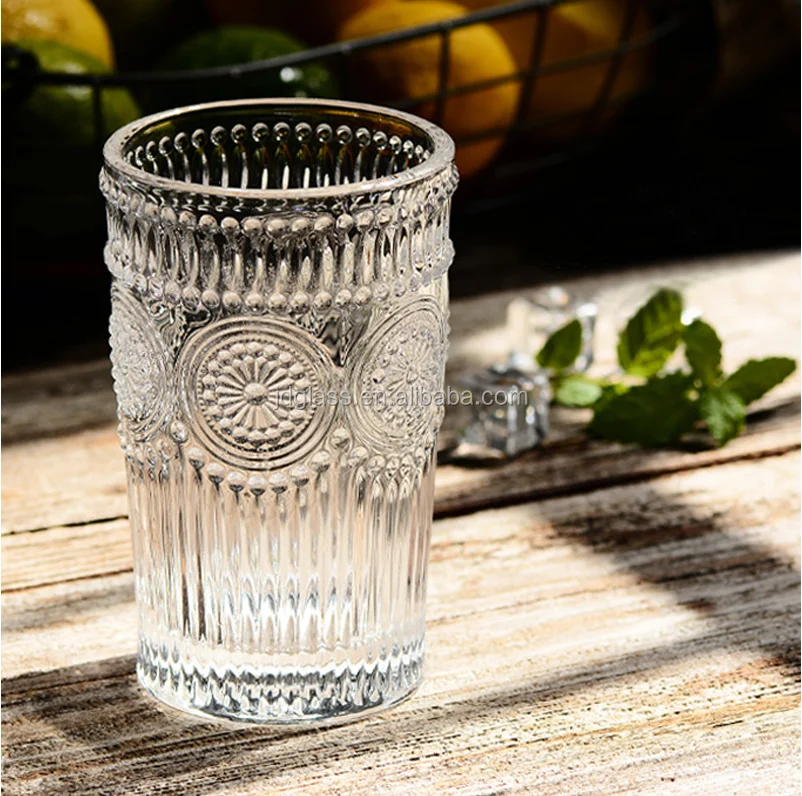 Antique Class Cups Clear Color Fancy Embossed Glass Cups Sunflower ...