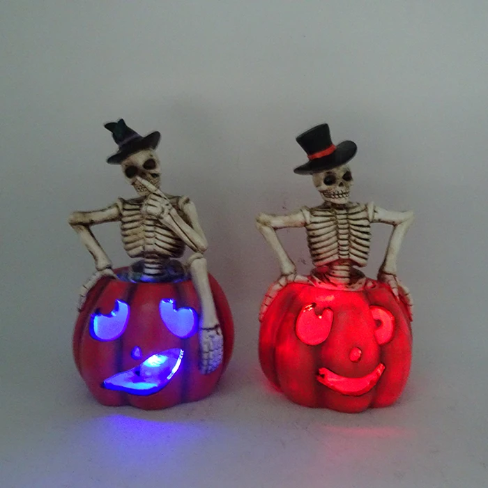Resin Halloween Skeleton on Pumpkin with LED Light