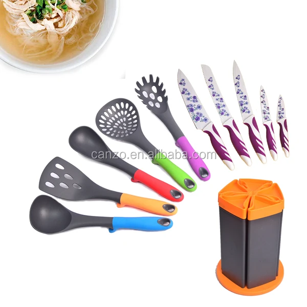 11 Piece Colorful Kitchen Knife and Nylon Cooking Utensil Set With ...