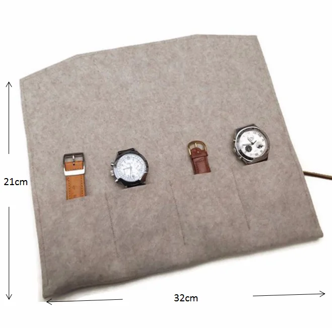 Handmade Custom Roll Up Felt Watch Bag Pouch With Slots Leather Straps ...