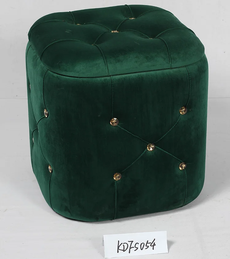 Green Velvet Covered Wooden Cube Puff Stool With Crystal - Buy Wooden ...