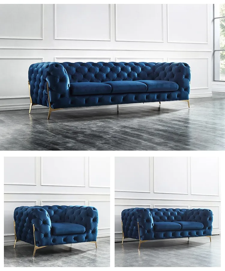 Velvet Blue Chesterfield Sofa With Diamond Button Iron Legs - Buy ...