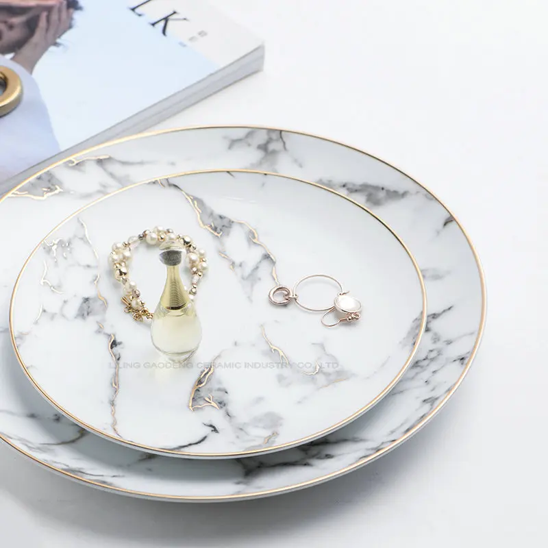 Marble Pattern Ceramic Plate With Real Gold Rim,White Porcelain Dishes ...