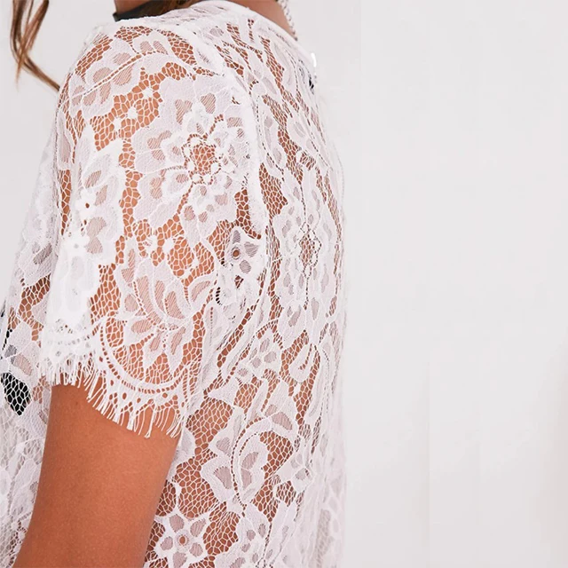 Short Sleeve Transparent White Lace Blouses Women See Through Clothing ...
