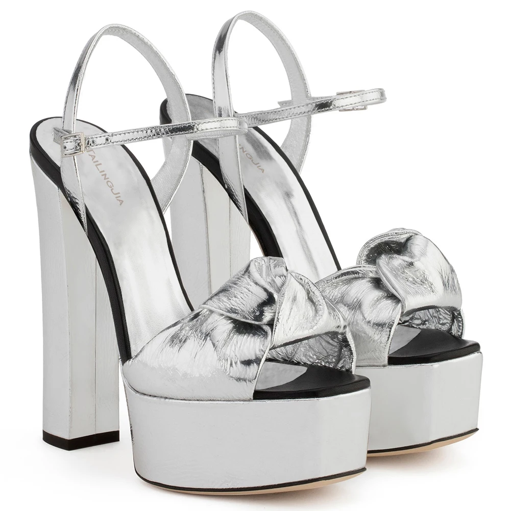 Women Big Size Knotted Sexy Dress Gold Heels Ladies Block Heel Stripper