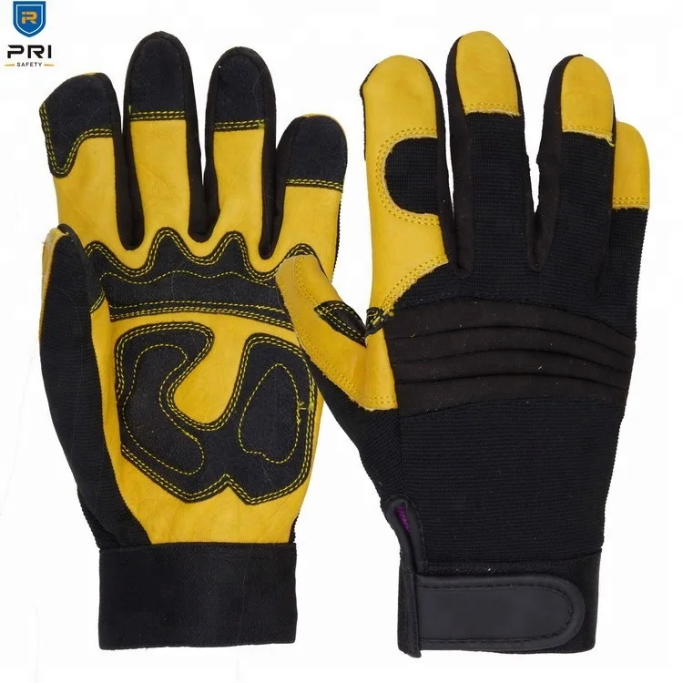 Anti-vibration Impact Mechanic Hand Drilling Leather Work Gloves - Buy ...